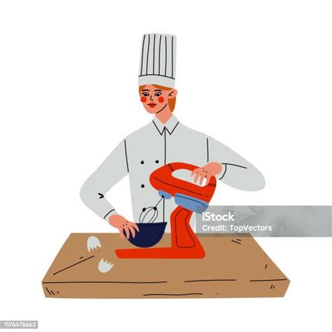 전문 여성 요리사 요리 믹서 키치너 캐릭터 를 입고 클래식 전통적인 흰색 유니폼 베이킹 에 레스토랑 또는 카페 벡터 일러스트 요리사에 대한 스톡 벡터 아트 및 기타 이미지
