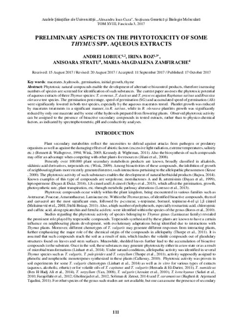 Pdf Preliminary Aspects On The Phytotoxicity Of Some Thymus Spp