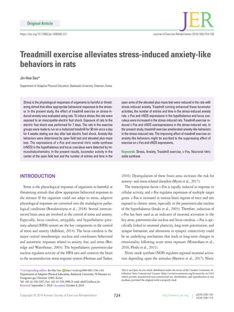PDF Treadmill Exercise Alleviates Stress Induced Anxiety Like Behaviors In Rats