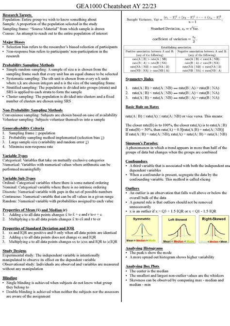 GEA Cheatsheet Summary Quantitative Reasoning With Data GEA1000