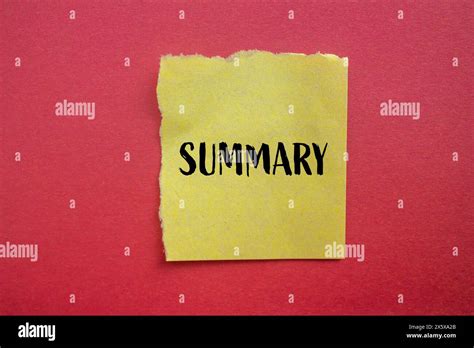 Summary Word Written On Ripped Yellow Paper Piece With Red Background