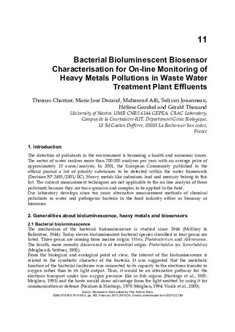 Pdf Bacterial Bioluminescent Biosensor Characterisation For On Line Monitoring Of Heavy Metals