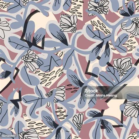 추상꽃과 잎 모양 펜 낙서 일러스트 레이션 모티프 원활한 반복 패턴 디지털 파일 아트워크 홈 장식 프린트 또는 패션 패브릭 0