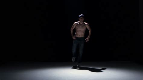 Breakdance Dancer Man With Naked Torso Dance On Black Shadow Stock Footage Video