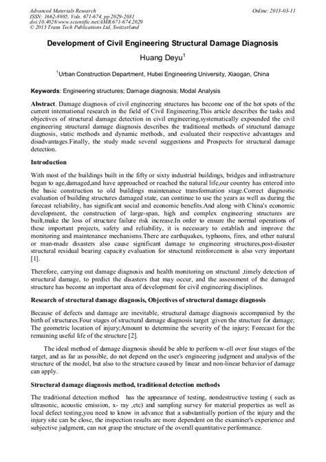 Development Of Civil Engineering Structural Damage Diagnosis Scientific Net