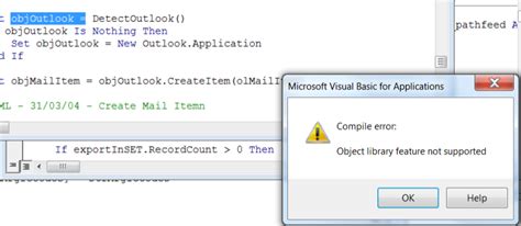Vba Compile Error Object Library Feature Not Supported Outlook