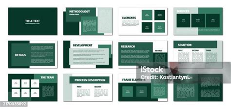 녹색 사각형 프레젠테이션 템플릿입니다 평면 디자인 흰색 배경 12개의 슬라이드 제목 방법론 요소 서비스 세부 사항 개발 연구 솔루션 팀 프로세스 설명 12에 대한 스톡 벡터