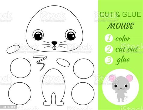 색칠 공부 는 아기 마우스를 잘라 접착제 유치원 어린이를위한 교육 종이 게임 워크시트를 잘라내고 붙여넣습니다 종이에 색상 절단 부품 및 접착제 만화 캐릭터 벡터 스톡