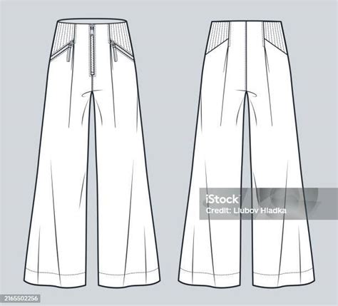 와이드 레그 팬츠 패션 플랫 테크니컬 드로잉 템플릿 조거 바지 테크니컬 패션 일러스트레이션 신축성 있는 허리 지퍼 포켓 전면 및