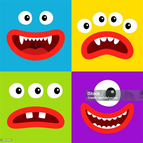 귀여운 몬스터 얼굴 헤드 세트 배너 즐거운 할로윈 보내세요 네 개의 사각형 괴물 으스스한 미소 짓는 Boo 비명을 지르는 슬픈 얼굴 감정 눈 혀 이빨 송곳니 쥐 입술 플랫