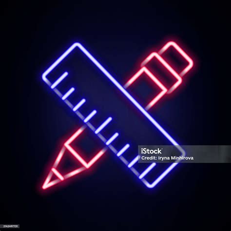 빛나는 네온 라인 교차 눈금자와 연필 아이콘이 벽돌 벽 배경에 고립되어 있습니다 직선 기호 그리기 및 교육 도구 다채로운 윤곽선