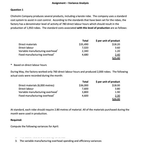 Solved Assignment Variance Analysis Question Chisholm Chegg