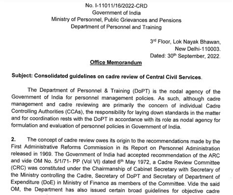 Dopt Consolidated Guidelines On Cadre Review Of Central Civil Services Central Government