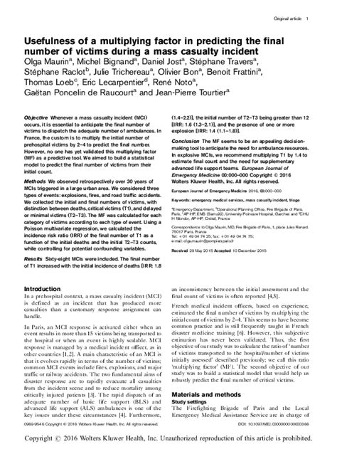 Pdf Usefulness Of A Multiplying Factor In Predicting The Final Number Of Victims During A Mass