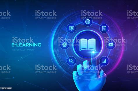 전자 학습 혁신적인 온라인 교육 및 인터넷 기술 개념 웨비나 교육 온라인 교육 과정 기술 개발 손을 만지는 디지털 인터페이스 벡터 그림입니다 개발에 대한 스톡 벡터 아트 및