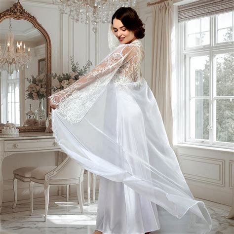 Bridal Peignoir Sets Satin Robe And Lace Nightgown Sets For Brides
