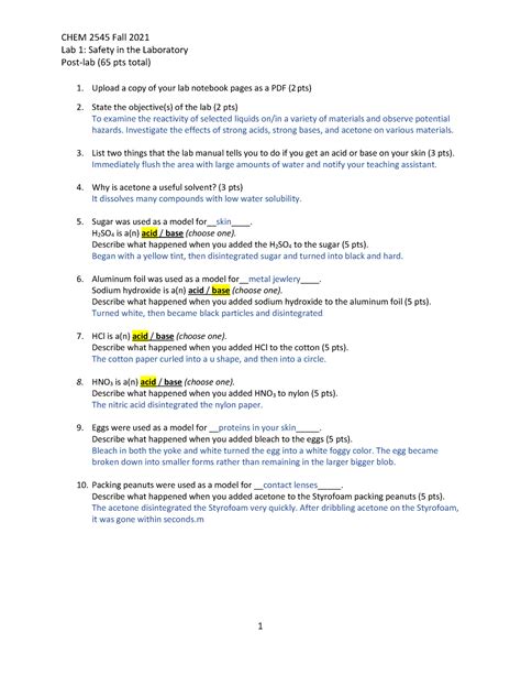 Lab Postlab Post Lab CHEM Fall Lab Safety In The Laboratory Post Lab