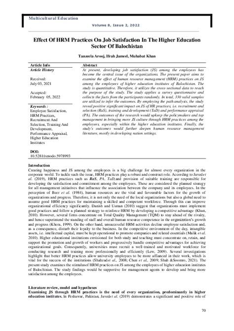 Pdf Effect Of Hrm Practices On Job Satisfaction In The Higher Education Sector Of Balochistan