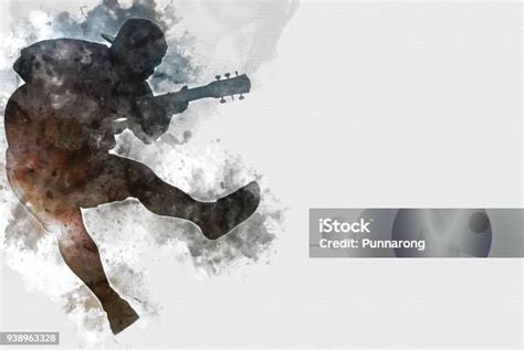 예술 수채화 그림 배경 및 디지털 일러스트 브러쉬에 전경에서 기타를 연주 하는 아름 다운 남자를 추상화 합니다 Fashion