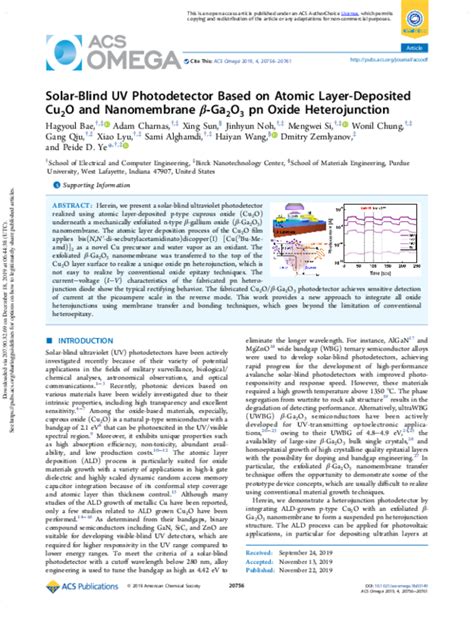 Pdf Solar Blind Uv Photodetector Based On Atomic Layer Deposited Cu2o And Nanomembrane β Ga2o3