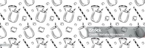 얼음과 짚을 손으로 그린 수박 여름 칵테일 무알콜 칵테일을 곁들인 완벽 한 여름 패턴 포스터 인쇄 배너 직물 포장을 위한 벡터 배경 낙서 스타일 0명에 대한 스톡 벡터 아트