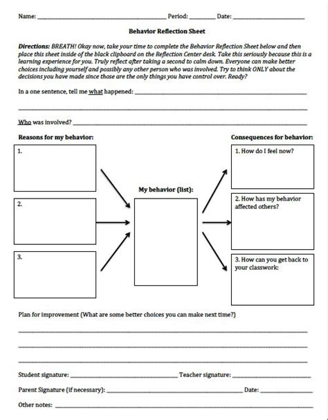 Behavior Reflection Sheet Behavior Reflection Behavior Reflection Sheet Behavior Interventions