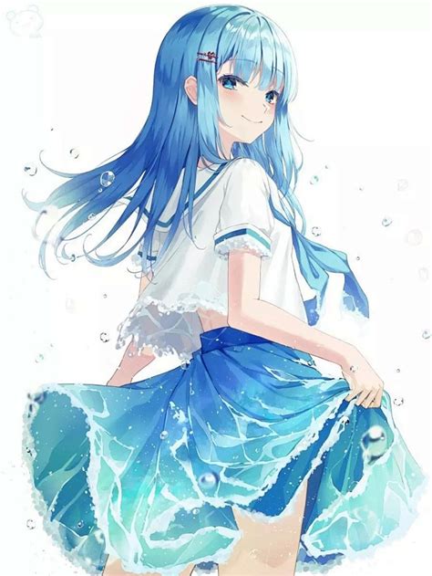 动漫美少女 蓝瞳蓝发 水手服 回头 水珠 二次元手绘 插画漫画