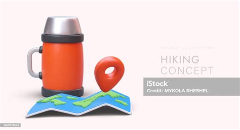 3d 그림으로 하이킹 관광을 위한 개념 금속 뚜껑 컵이 있는 대형 빨간색 보온병 세계 지도 3차원 형태에 대한 스톡 벡터 아트 및 기타 이미지 Istock