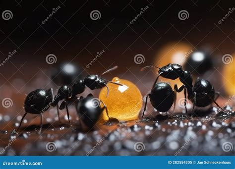 Black Ants Eating Honey Drop Concept Of Teamwork Or Hardworking Or