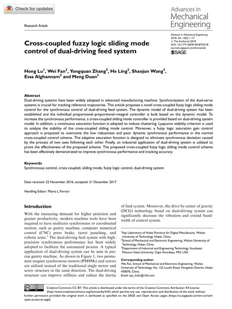 Pdf Cross Coupled Fuzzy Logic Sliding Mode Control Of Dual Driving Feed System