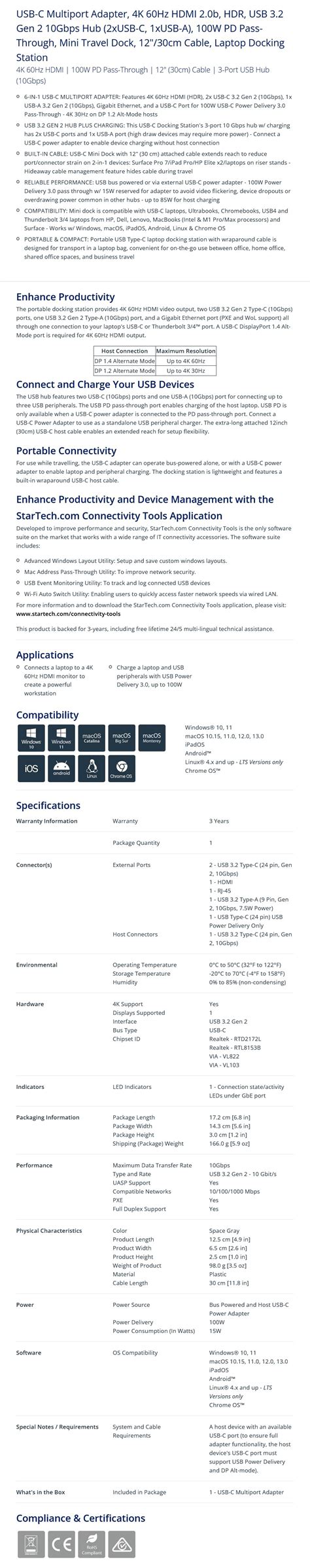 StarTech USB C Multiport Adapter Hub With HDMI W Power Delivery DKT CH CPD Mwave
