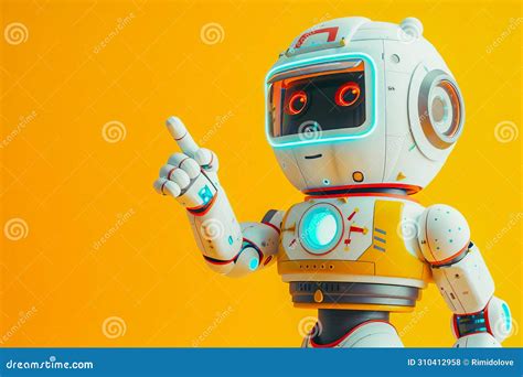 a positive cute robot pointing at something on a yellow background