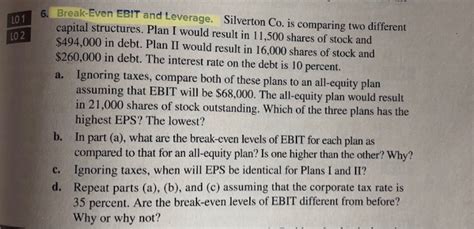 Solved L01 Lo 2 6 Break Even Ebit And Leverage Silverton