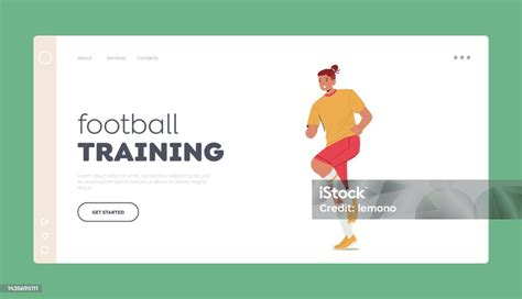 선수 연습 축구 게임 방문 페이지 템플릿 축구를하는 스포츠맨 다리 착용 유니폼을 올린 캐릭터 개념에 대한 스톡 벡터 아트 및