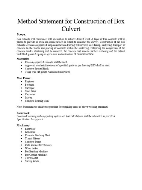 Method Statement For Construction Of Box Culvert Anil Kumar Pdf Concrete Building Technology