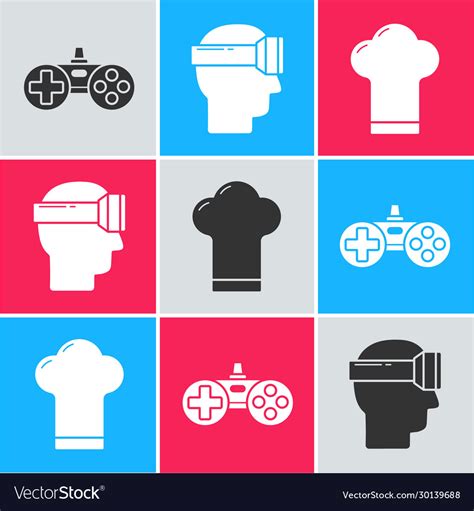 Set Gamepad Virtual Reality Glasses And Chef Hat Vector Image