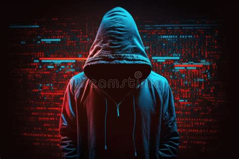 Hacker In A Hood With A Hidden Face Looks At The Screen Of A Laptop Hacking And Malware Concept