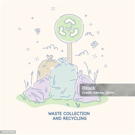 쓰레기의 수거 및 재활용에 전념하는 포스터 쓰레기 봉투가 더미에 있는 풀밭에 누워 있습니다 가방에 대한 스톡 벡터 아트 및 기타 이미지 Istock