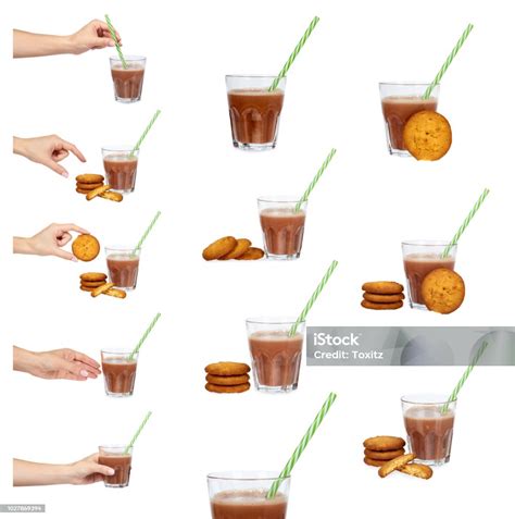 초콜릿 우유 코코아와 수 제 쿠키와 손을 흰색 배경에 고립 밀 짚의 다른 유리의 세트 갈색에 대한 스톡 사진 및 기타 이미지 갈색 개념 계피 Istock