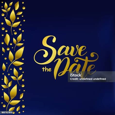 황금 잎으로 장식 하는 블루 벨벳 배경에 황금 그라데이션에 날짜 저장의 서 예 글자 0명에 대한 스톡 벡터 아트 및 기타 이미지 0명 결혼식 금색 Istock
