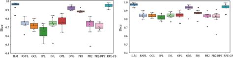 box plots of dice similarity coefficients between computed segmentation