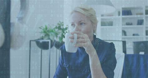 Image Of Binary Data Processing And Caucasian Woman In Server Eye Over