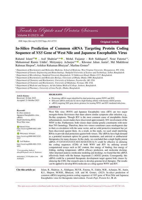Pdf In Silico Prediction Of Common Sirna Targeting Protein Coding Sequence Of Ns5 Gene Of West
