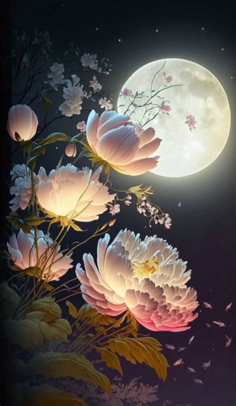 Full Moon Behind Flowers Full Moon Floral Scene Lotus Flower Moon