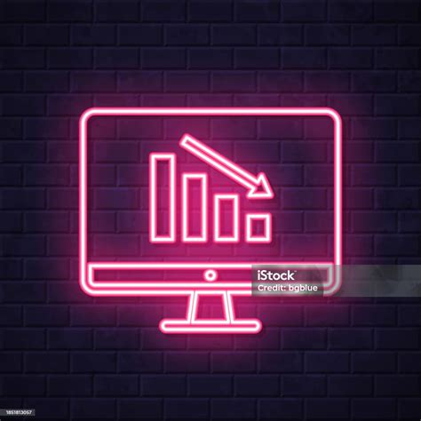 데스크톱 컴퓨터에서 내림차순 차트입니다 벽돌 벽 배경에 빛나는 네온 아이콘 감소에 대한 스톡 벡터 아트 및 기타 이미지 감소