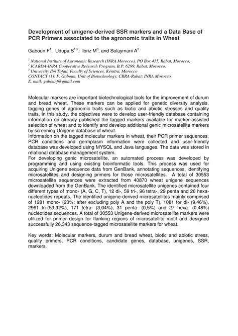 Pdf Development Of Unigene Derived Ssr Markers And A Data Base Of Pcr Primers Associated To