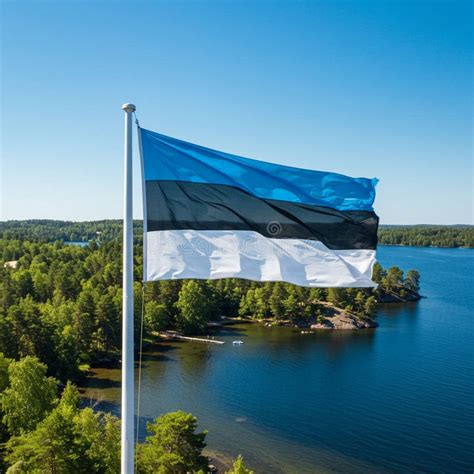 Estonian Flag Waving Against A Scenic Backdrop Of A Lush Forest And A