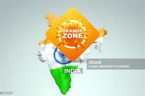 인도 국기와 인도의지도의 배경에 비문 오렌지 영역으로 서명합니다 주황색 위험 수준 코로나 바이러스 잠금 검역 바이러스 3d 렌더링 3d 일러스트레이션 3차원 형태에 대한