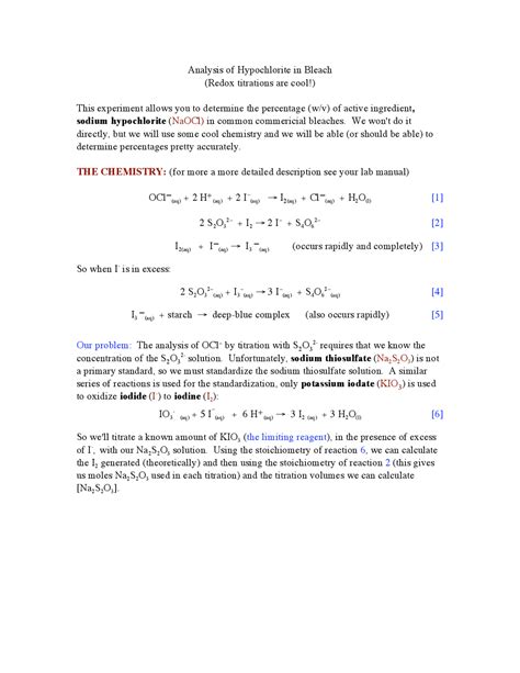 Analysis Of Hypochlorite In Bleach Redox Titrations Are Cool Exercises Stoichiometry