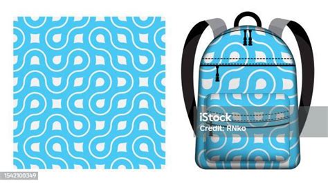 어린이 학교 배낭은 선과 프랙탈 장식으로 추상적인 기하학적 파란색 이음매 없는 패턴을 장식했습니다 포스터 디자인 및 직물 인쇄를